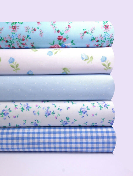 5 x Polycotton Fat Quarter Fabric Bundle | Blue Floral Vintage Gingham ...